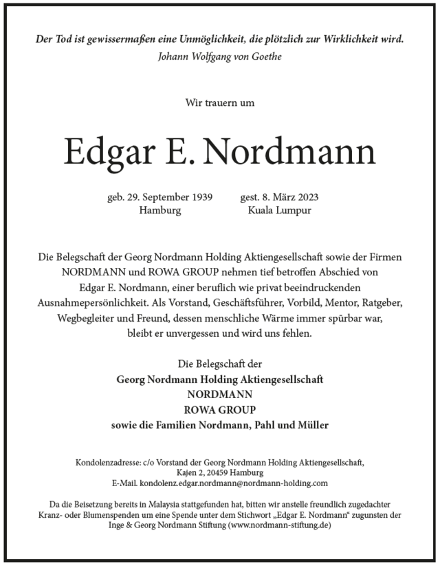 The Georg Nordmann Holding Group mourns the passing of Edgar E ...